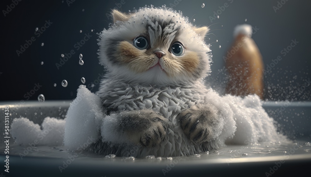 Little cute cat taking a bath with foam. Created with generative AI ...