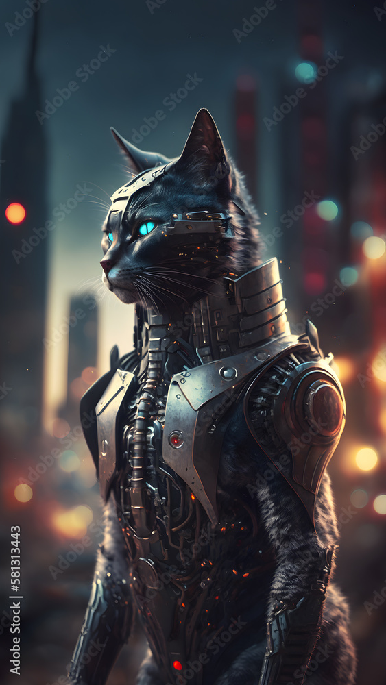 The artwork of robot cyborg cat in cyberpunk style with futuristic city ...