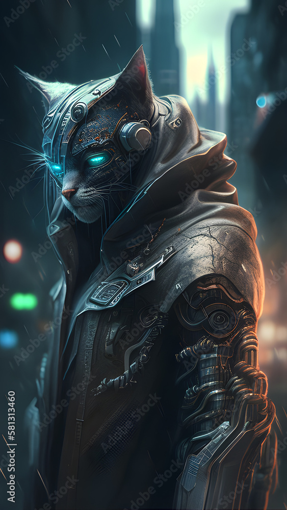 The artwork of robot cyborg cat in cyberpunk style with futuristic city ...