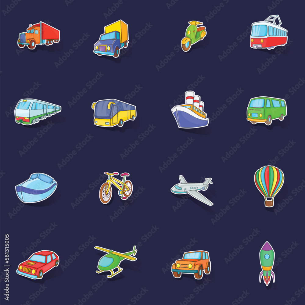 Cartoon transport icons set stikers collection vector with shadow on ...