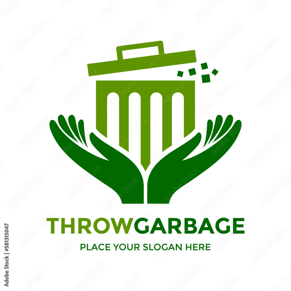 Throw garbage vector logo template. This design use hand and trash can ...