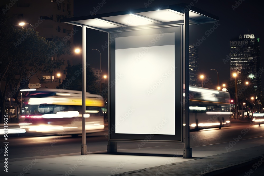 Blank advertising light box on bus stop, mockup of empty ad billboard ...