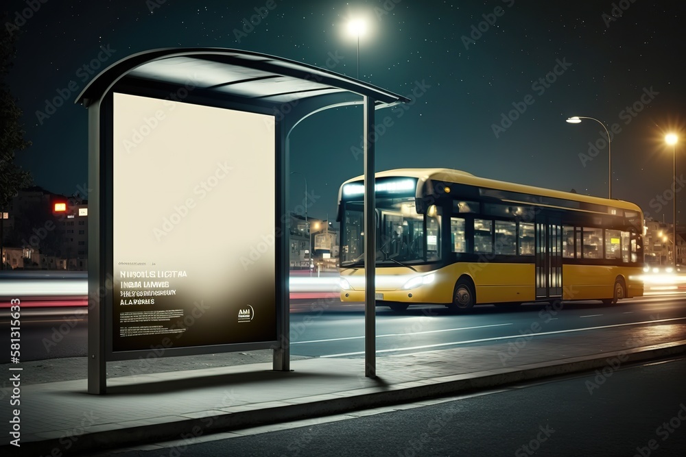 Blank advertising light box on bus stop, mockup of empty ad billboard ...