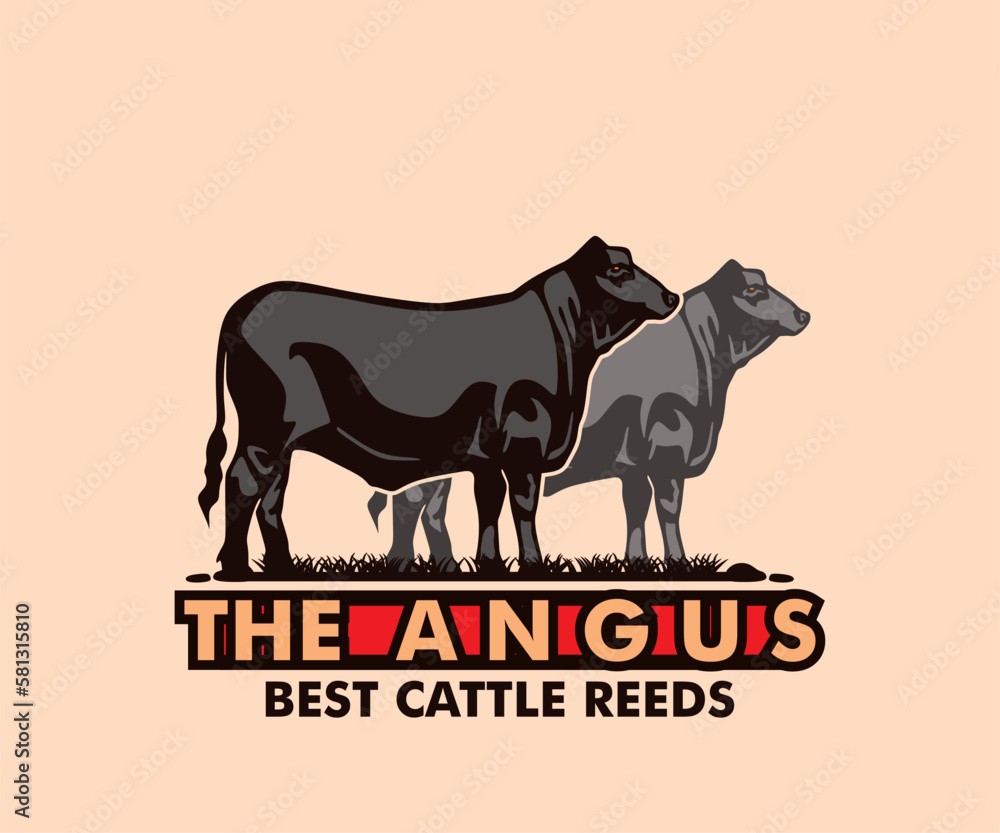 THE ANGUS BREEDS CATTLE LOGO, silhouette of strong big cattle standing ...