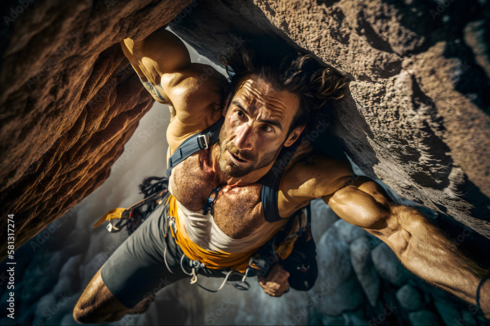 Muscular strong male athlete climbs a steep cliff, rock climbing sport ...