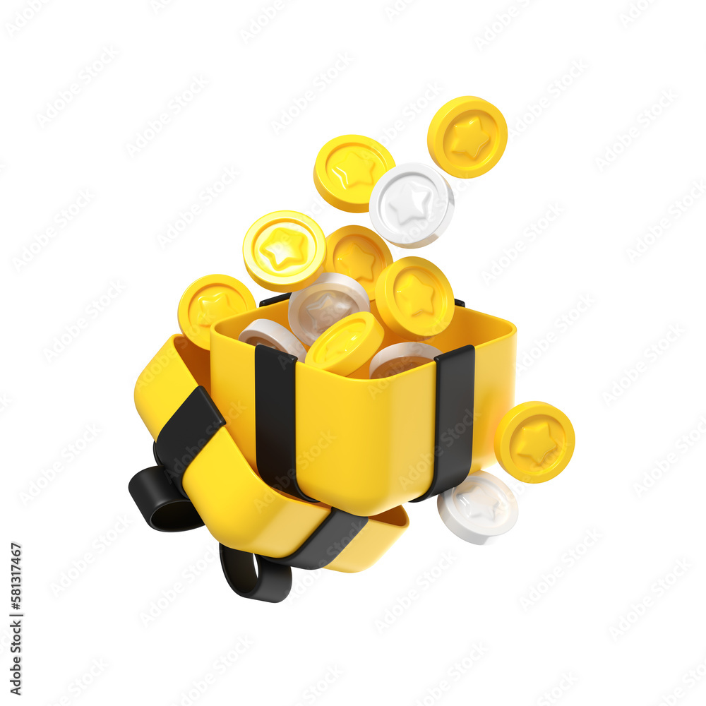 Open Gift box with gold and silver coins. Cash surprise box. Money ...