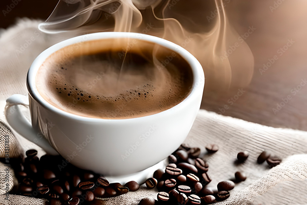 AI generated image of a cup of hot coffee and coffee beans. There are 4 ...