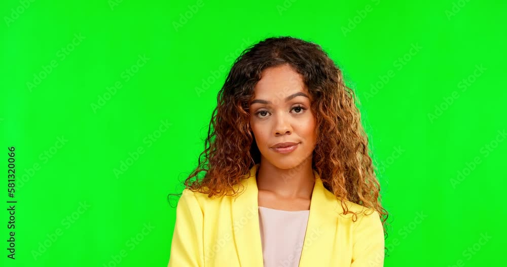 Green screen, annoyed and face of woman in studio with whatever, moody ...