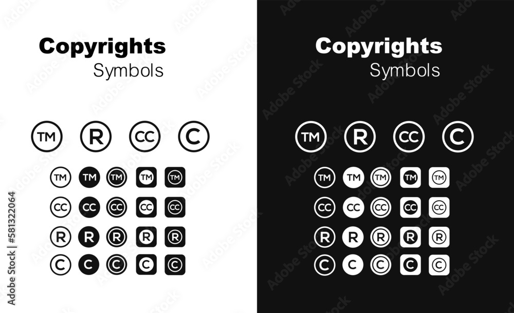 Copyright Protection symbols vector icon set. Black and white Icons for ...