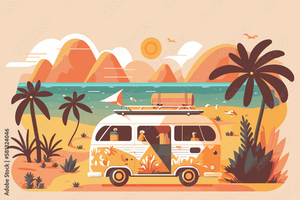 Summer vacation surf bus flat vector illustration. Tropical beach retro ...
