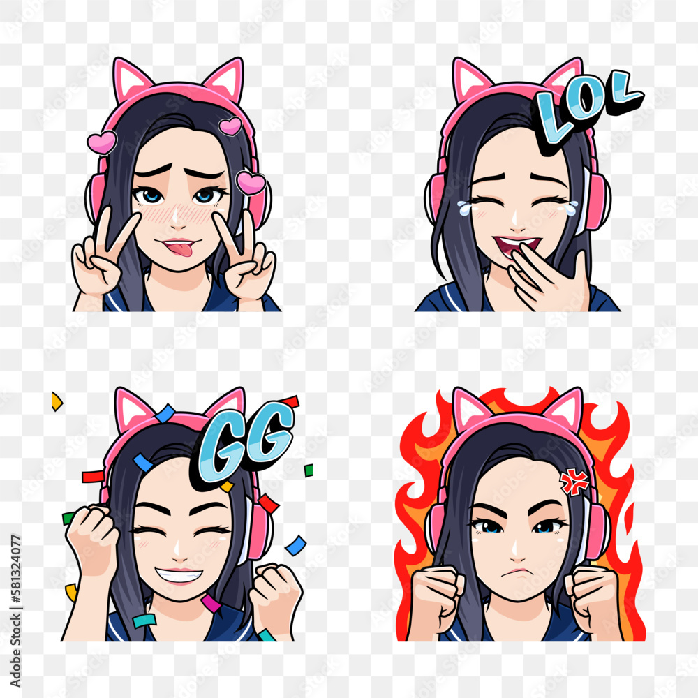 Gamer girl sticker and badges emotion set, Graphic resources for ...