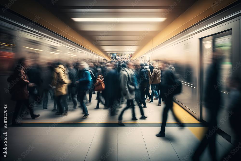 Crowd of people in subway, rush hour underground. Out of focus, motion ...