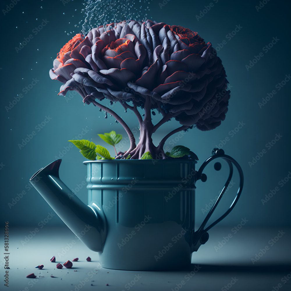 Human brain intertwined with flowers, the concepts of self-care and ...