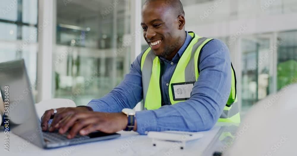 Typing architect, laptop and happy black man planning infrastructure ...