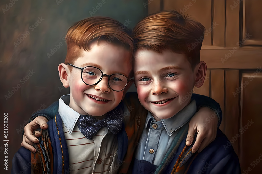 Two classmates or kid brothers, children, best friends portrait ...