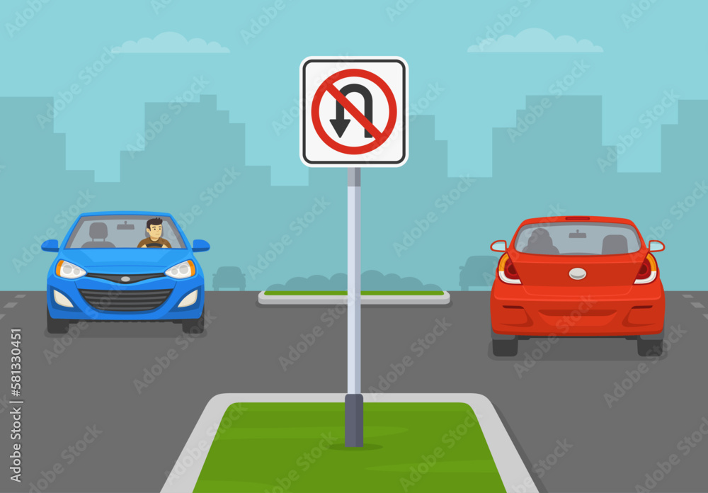 Divided lane road with "No u-turn" traffic sign. Traffic rules on ...