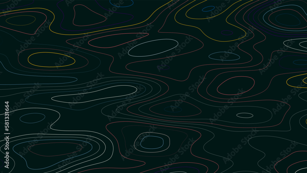 Colorful topographic contour lines isolated on dark blue background ...