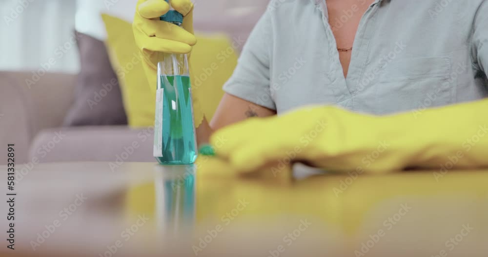 Woman, hands and detergent for housekeeping wiping table to clean ...