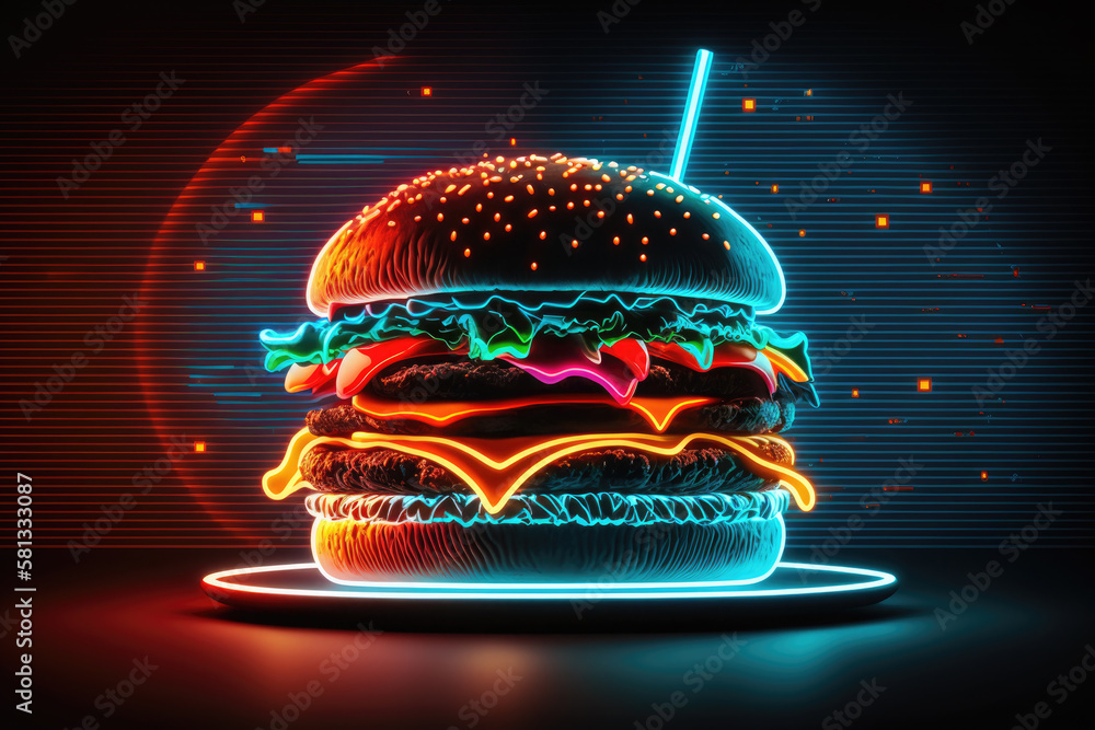 cheeseburger with colorful neon lights. Ai generative Stock ...