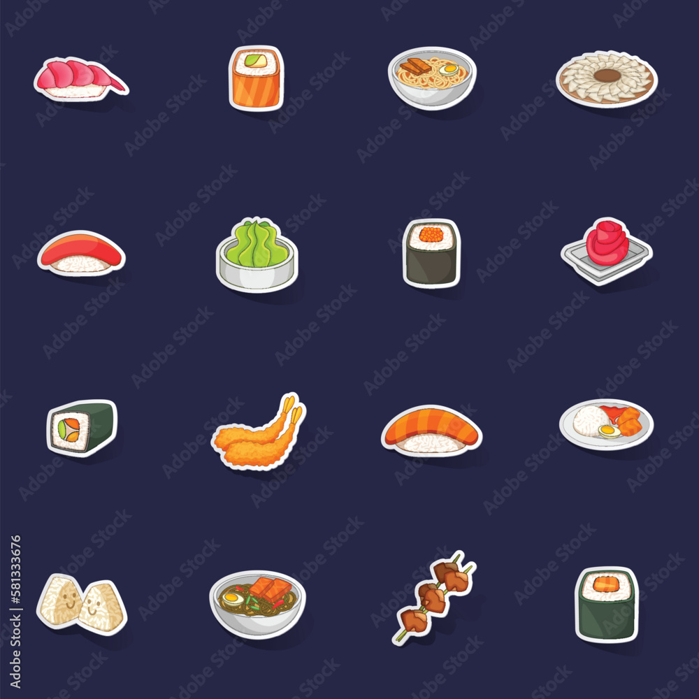 Japanese food icons set stikers collection vector with shadow on purple ...