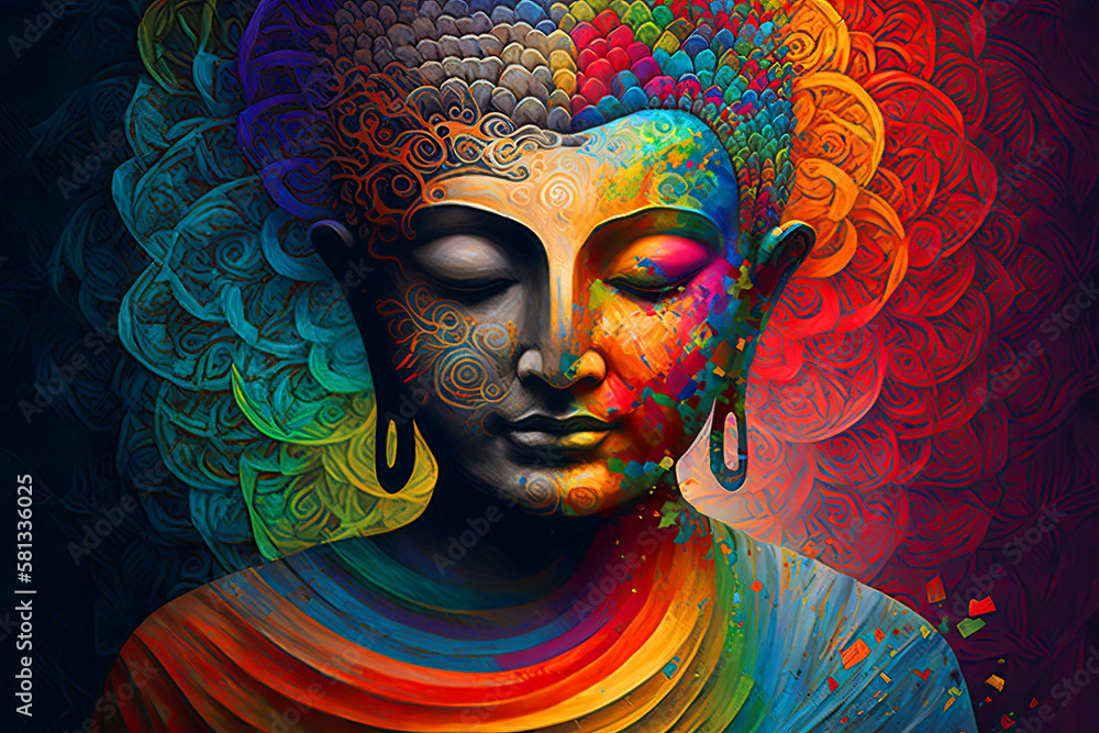 Generative AI. The image of the Buddha is a digital art collage ...