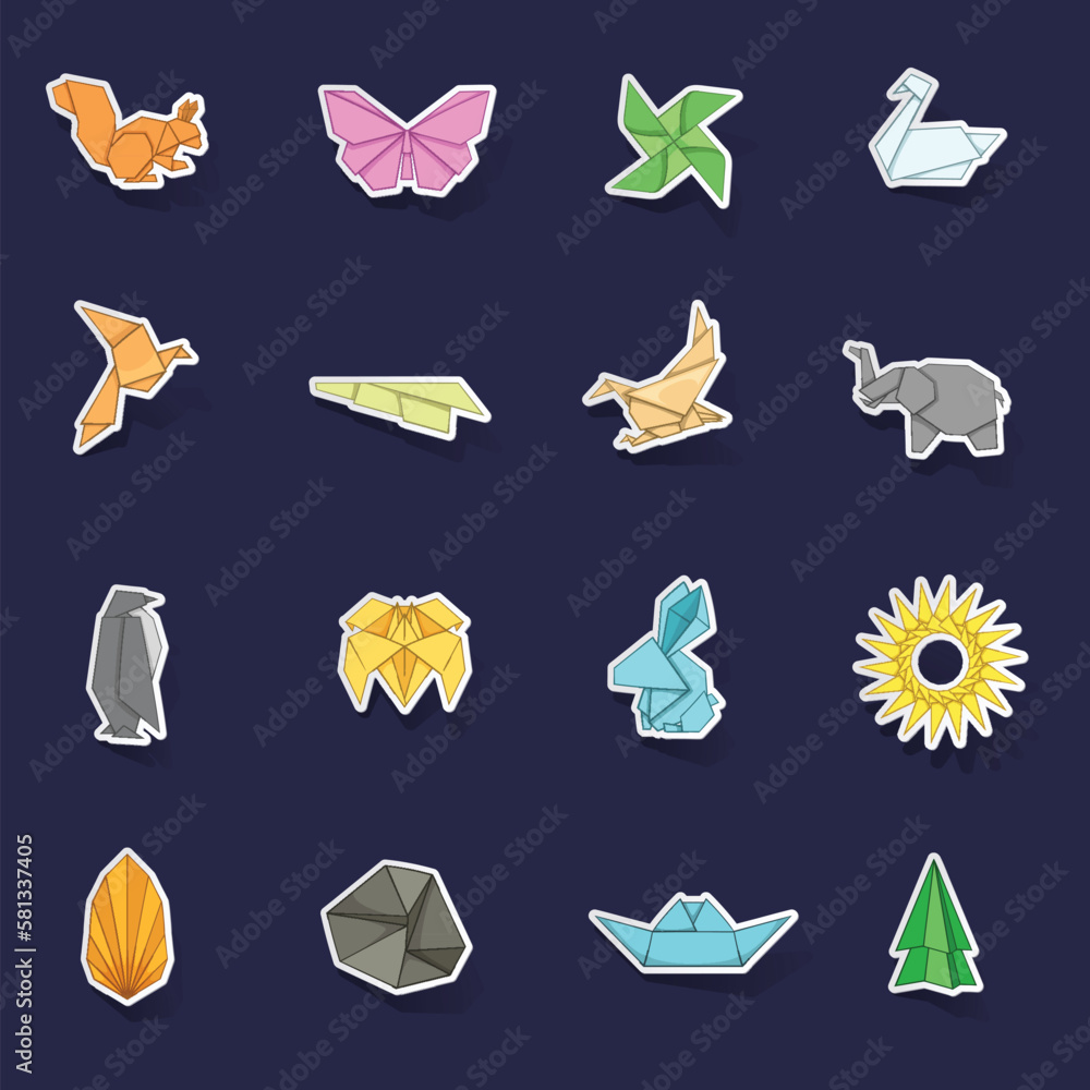 Origami icons set stikers collection vector with shadow on purple ...