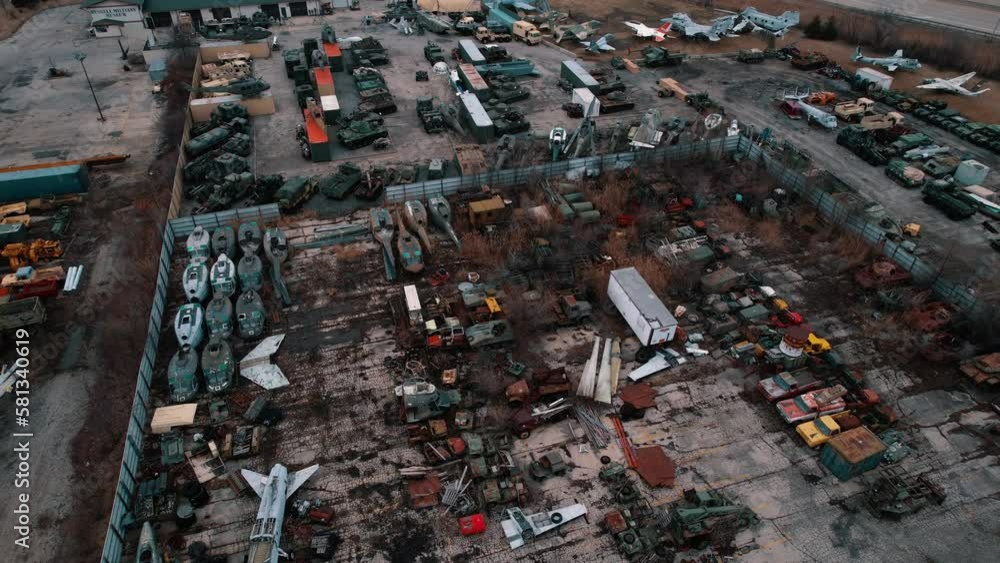 Aerial overvirew of rare old military aircafts, tanks, fighting ...