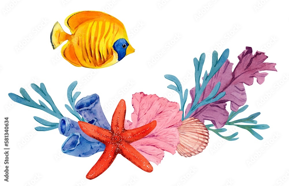 Coral reefs with tropical fish, rocks and algae. Bright watercolor ...