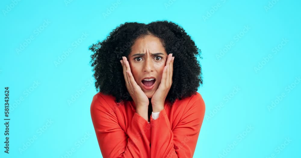 Wow, bad news and face of a woman in shock isolated on a blue ...