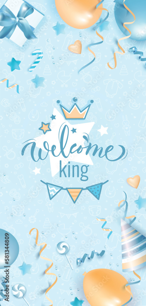 Welcome little king vector poster with calligraphic composition, crown ...