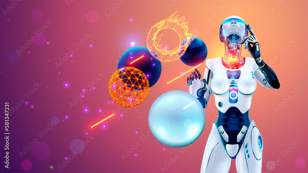 AI in image robot woman or female cyborg working in 3d virtual reality ...