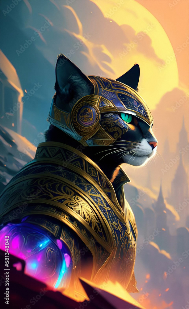 fantasy knight with armor and head in the shape of a cat, generative ai ...