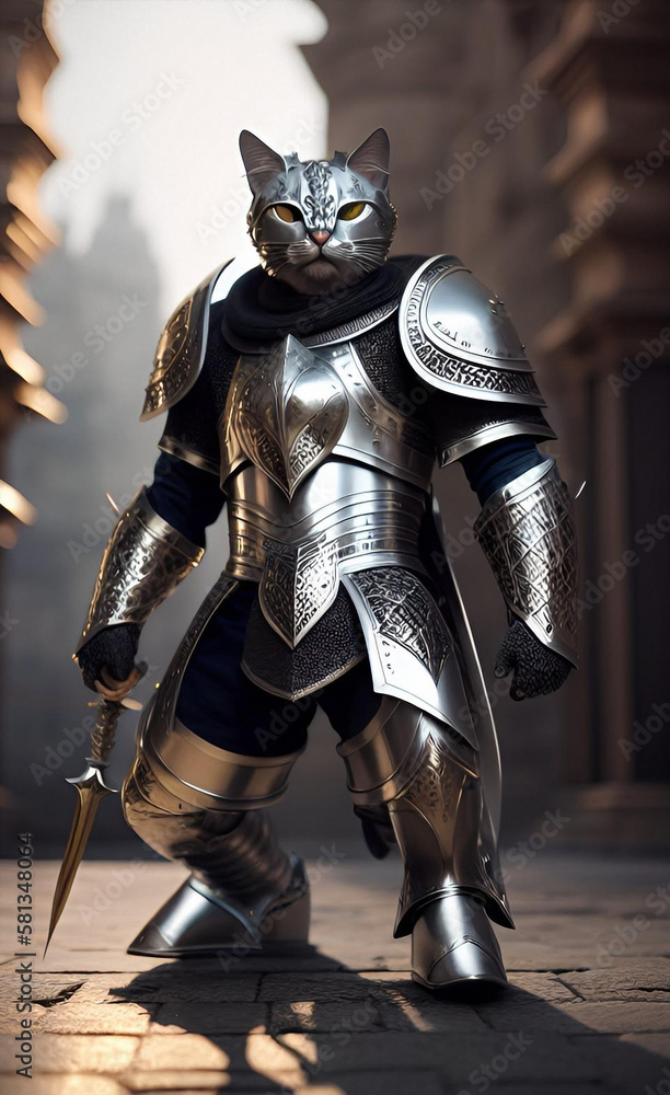 fantasy knight with armor and head in the shape of a cat, generative ai ...