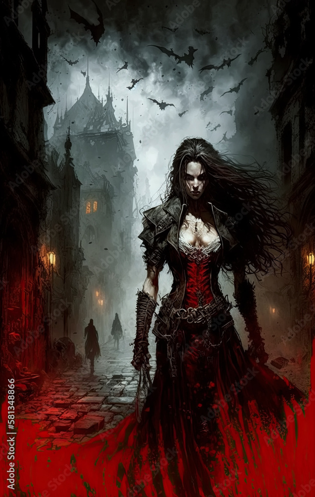 Sexy Vampire Girl In A Red Dress At Night In City Generative Ai