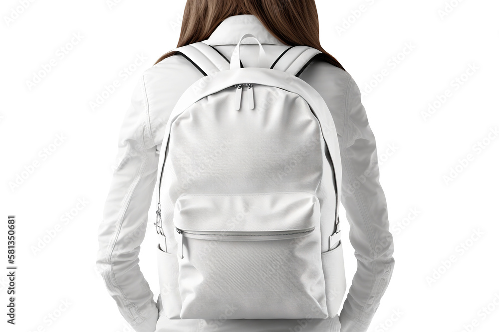 White blank backpack on young woman's back, view from behind, cut out ...