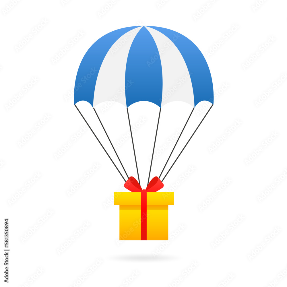 Gift box on a parachute. Surprise with red ribbon descends from sky ...