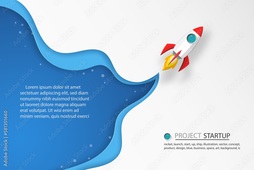 Rockets launch into the sky with text ,label and clouds on white blue ...