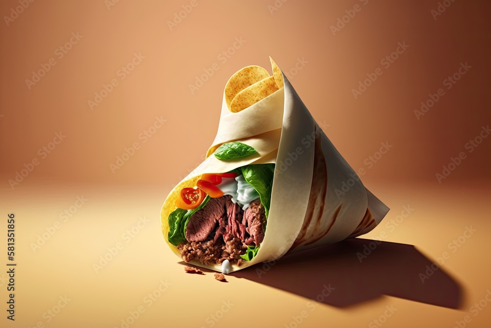 Shawarma wrap with beef on color background with hard shadow. Beef ...
