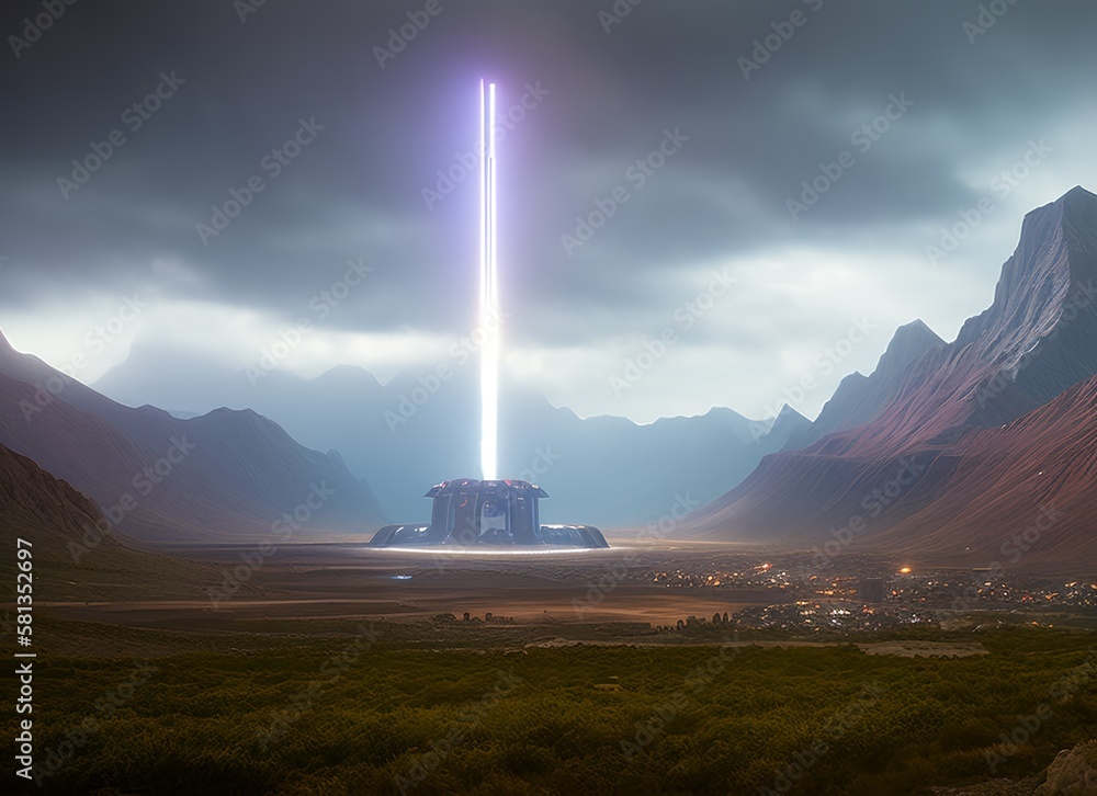 Futuristic tower with a light beam, that is lit up in the sky in of a ...