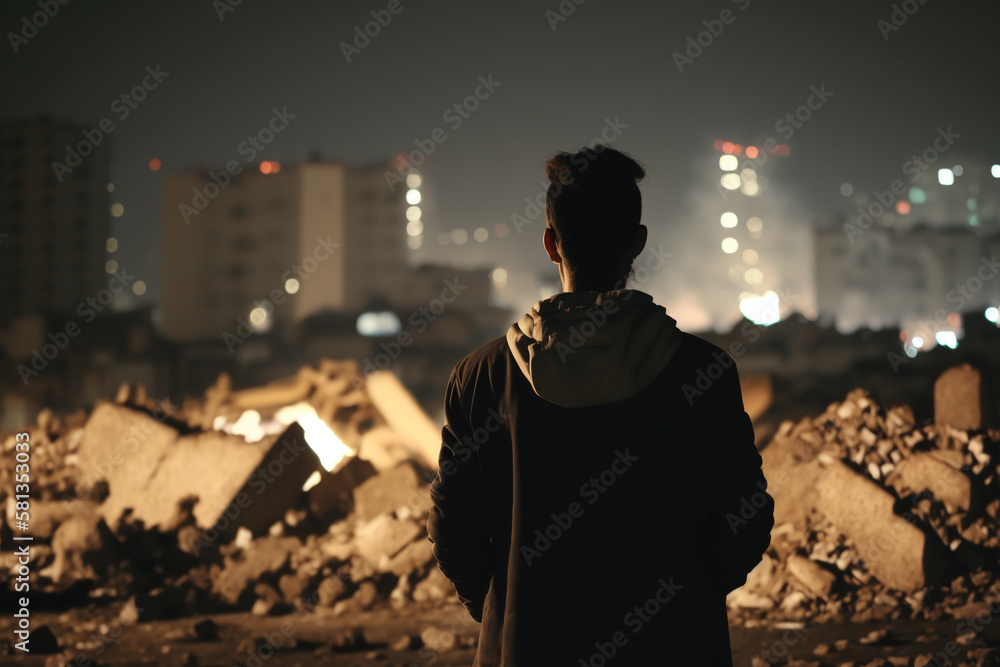 Unhappy people look at the destroyed house after the earthquake ...