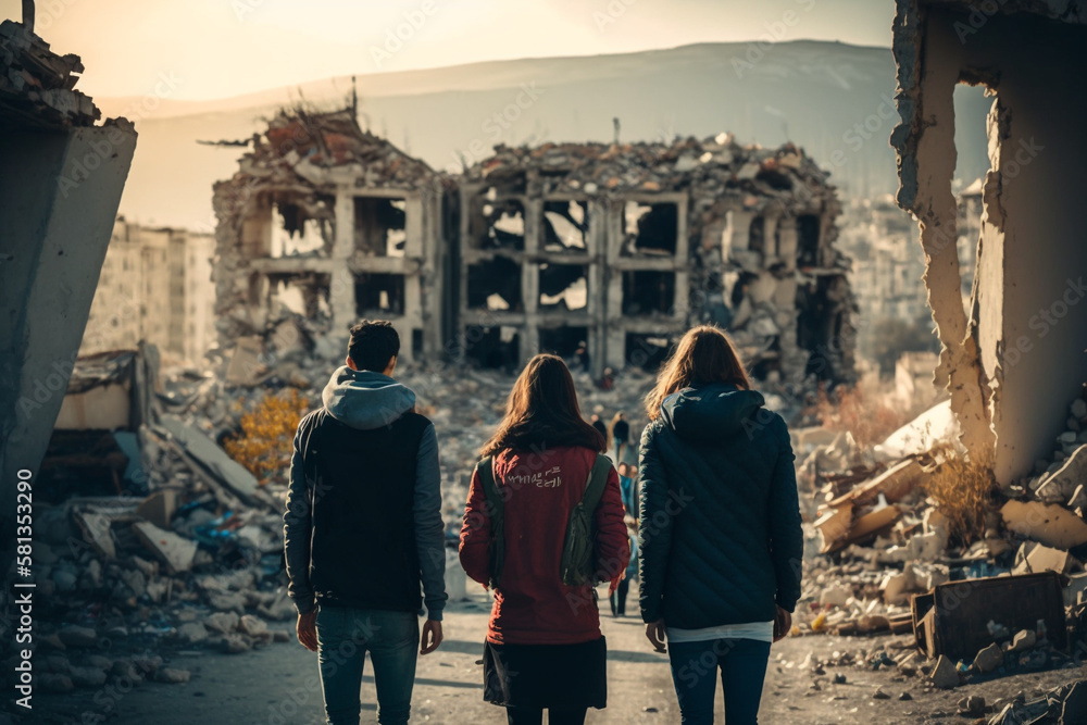 Unhappy people look at the destroyed house after the earthquake ...