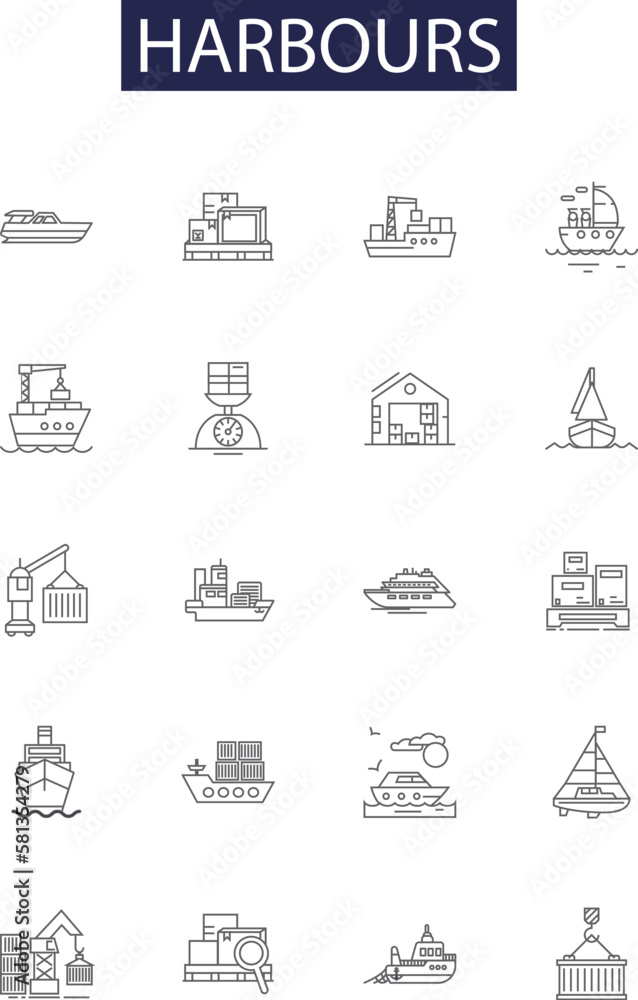 Harbours line vector icons and signs. Marinas, Wharfs, Jetties, Havens ...