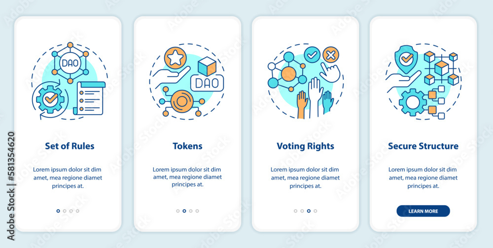 DAO elements onboarding mobile app screen. Digital network walkthrough 4 steps editable graphic ...