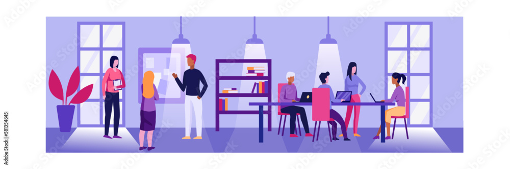 Cartoon characters doing their job in shared working environment ...