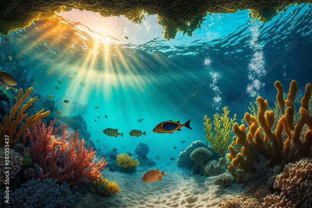Tropical seabed with a reef and sunshine creates an underwater scene ...