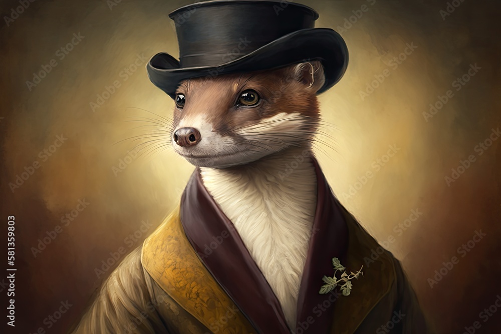 Weasel dressed up. concept image with a gentle oil painting technique ...