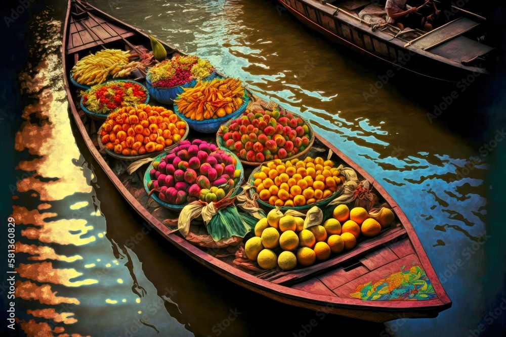 ภาพประกอบสต็อก boat with thai and ripe bright fruits at floating market ...