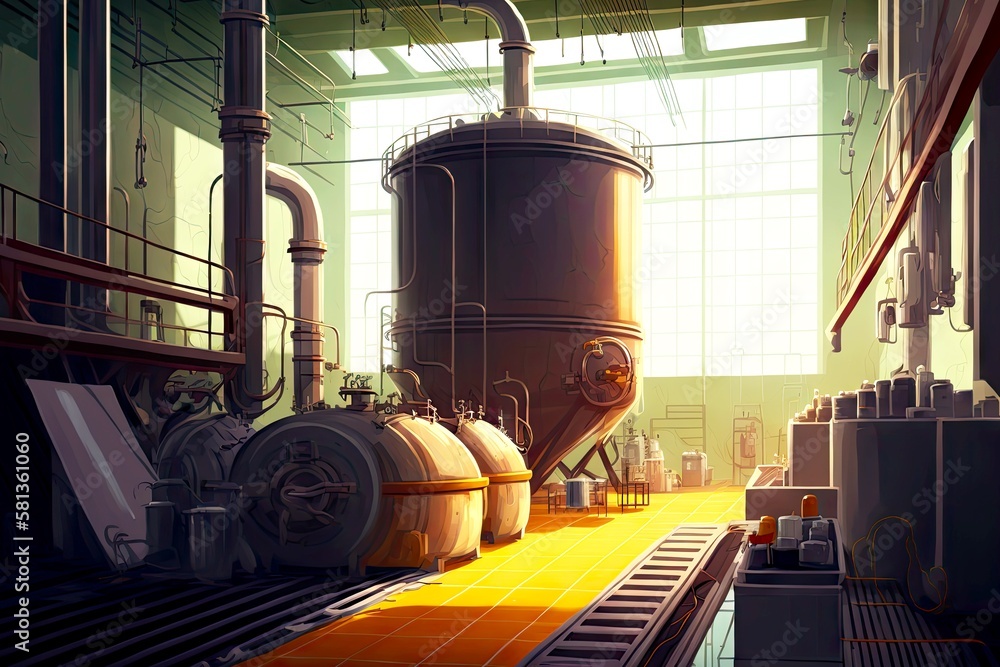 food production factory interior with pipeline, tank and container ...