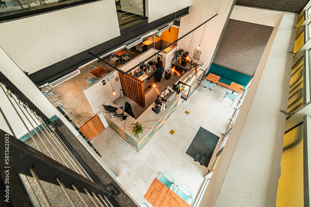 Modern co working office building complex with integrated coffee shop ...