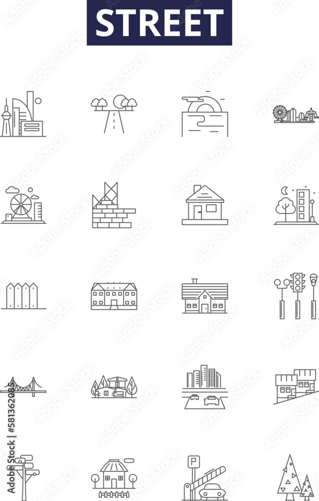 Street line vector icons and signs. urban, road, background, building ...